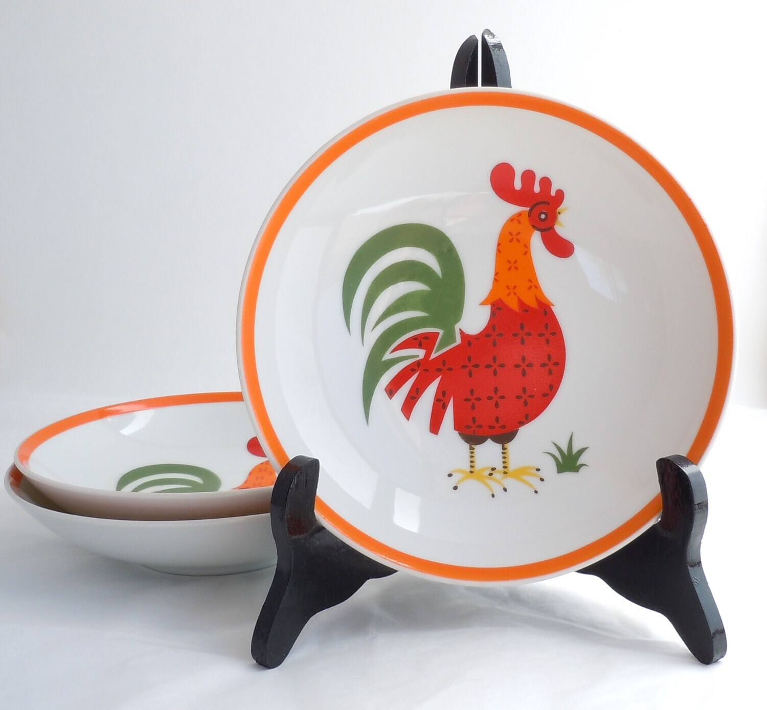 Set of Three 3 Funky Mid Century Modern Rooster Bowls