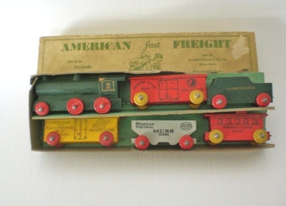 Vintage Strombecker Wooden Train Set American Fast Freight