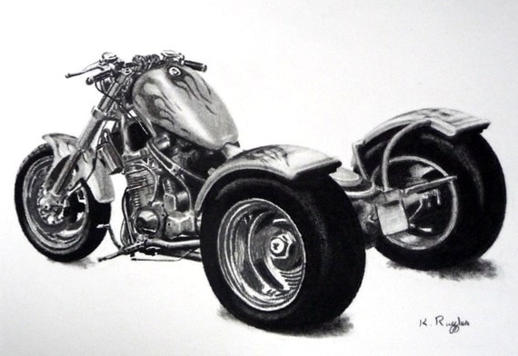 Trike motorcycle original charcoal drawing