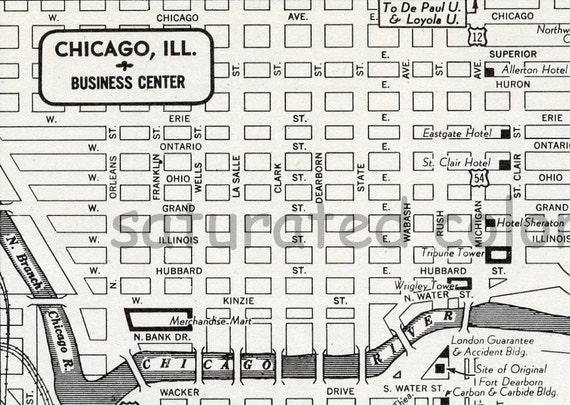 Chicago Illinois Map Vintage 1950s ORIGINAL Heart of Chicago