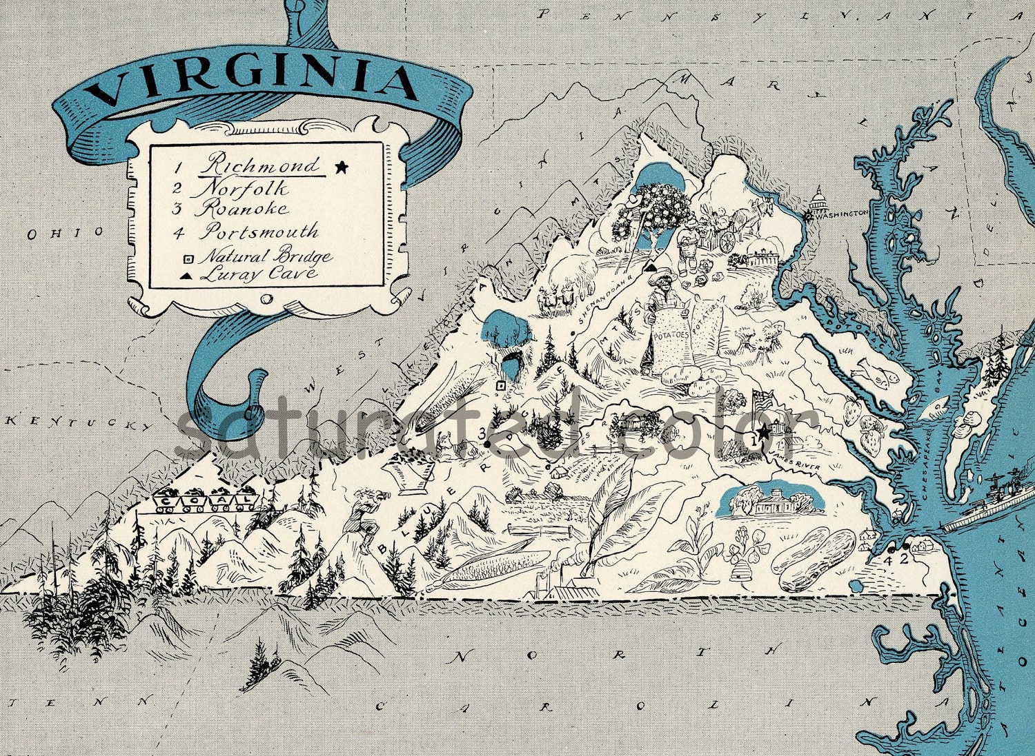 Virginia Map ORIGINAL 1931 Vintage Picture Map Antique