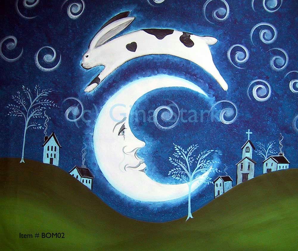 Spotted Bunny heart over Crescent Moon Whimsical by starlustudio2