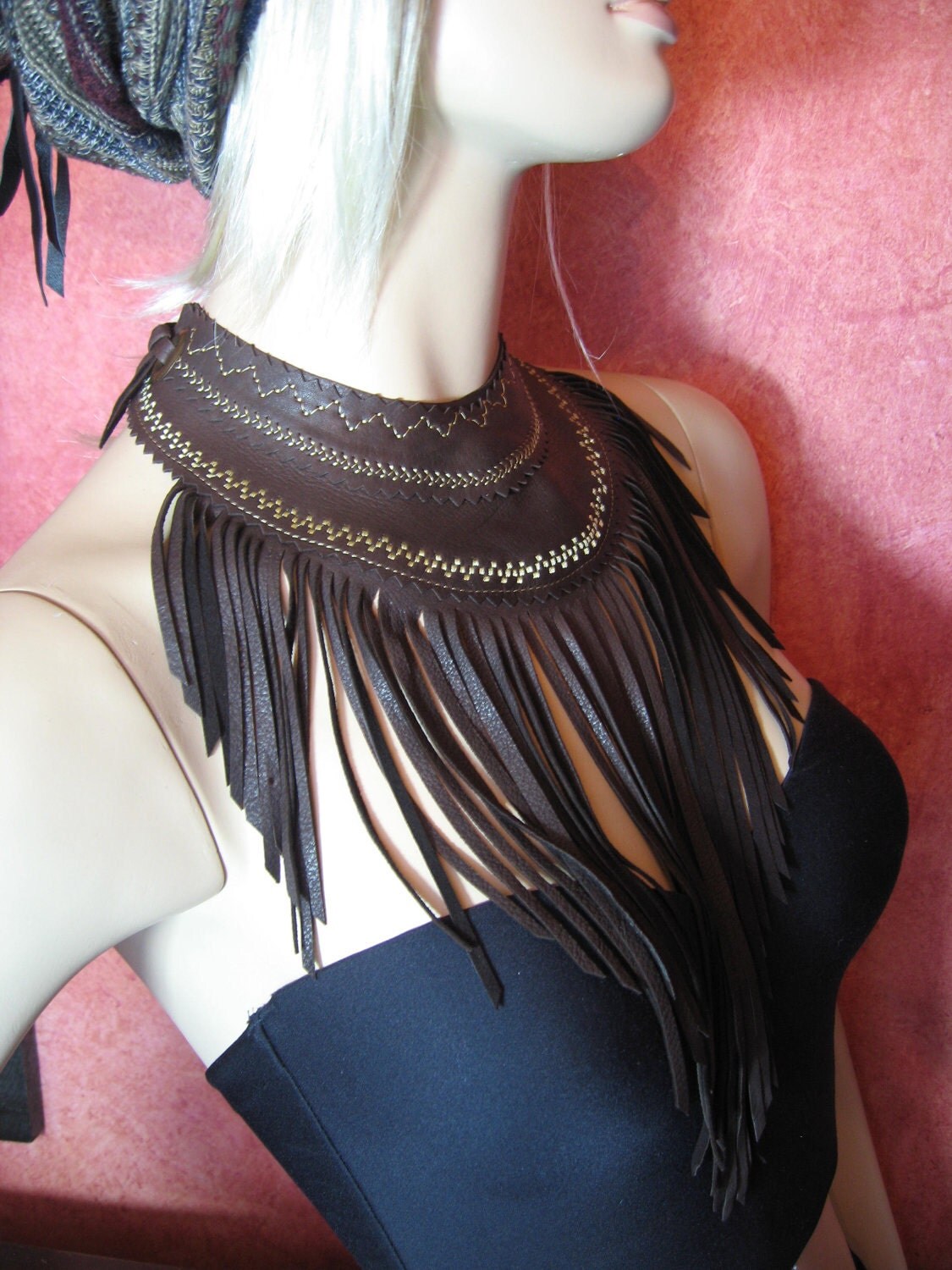 Bib Choker Necklace BOHO Brown Leather Fringe Gold