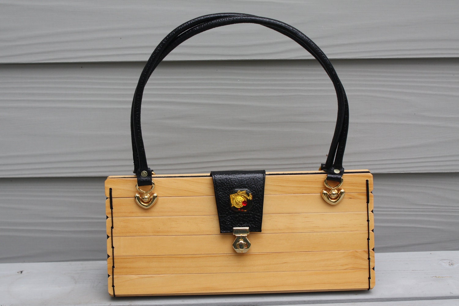 Handcrafted Wood and Leather Purse Natural Wood And Black