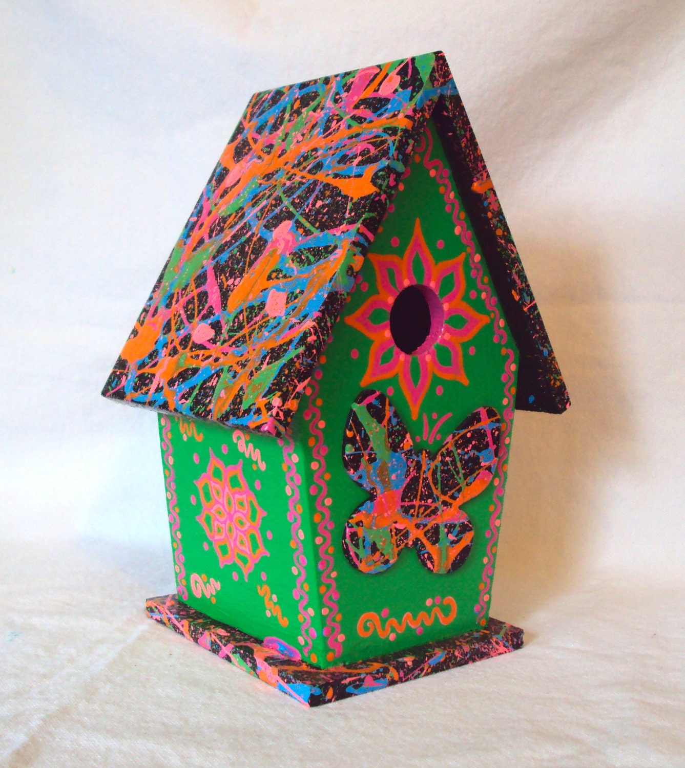 Abstract Bright Colors Handpainted Birdhouse with Butterfly