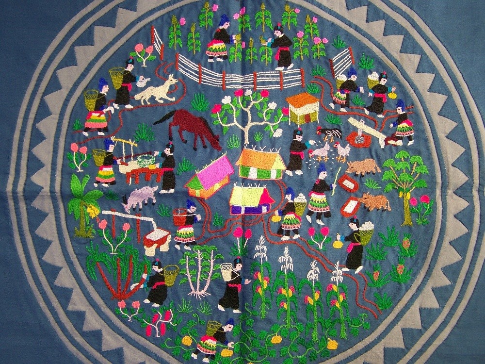 Handmade Large Blue Hmong Story Cloth