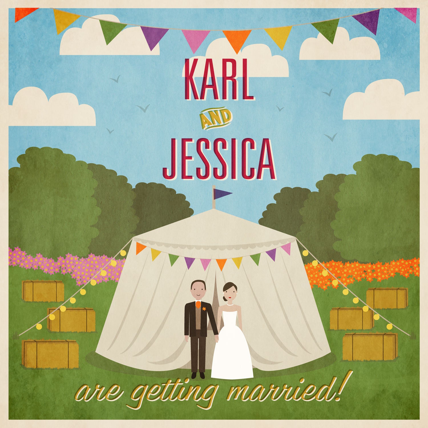 Village country fete / bunting – cute vintage style wedding invitation ...