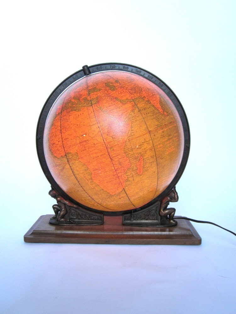 Vintage World Globe Art Deco Illuminated Glass 1949 Crams
