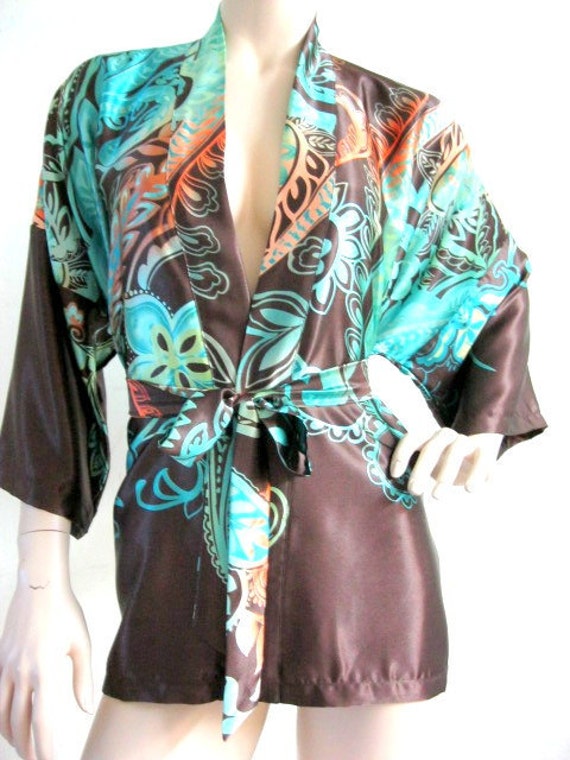 Silk Satin Kimono Robe in Floral Brown Short Kimono Gift for