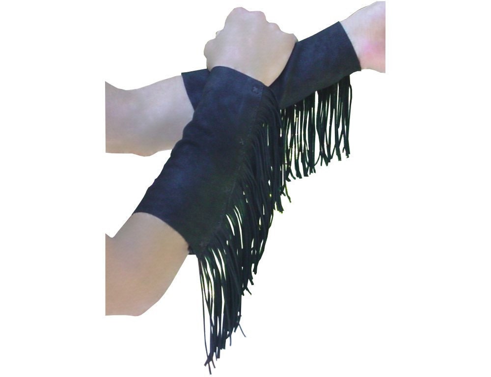 Fringe forearm cuffs Biker chick Soft leather Black Leather