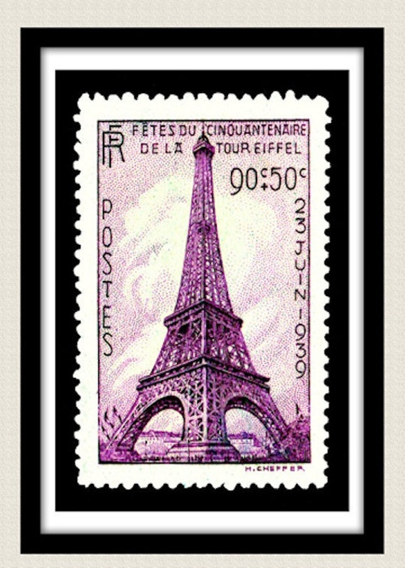 Postage Stamp Print Vintage 1939 Eiffel Tower 40x60 cms A2
