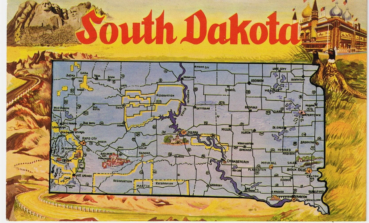 South Dakota Map Postcard Vintage