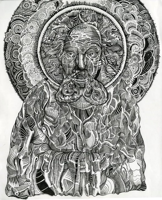 ORIGINAL Sun God Pen drawing of an iconic image