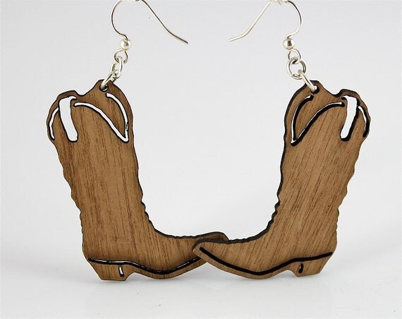 Cowgirl Boot Earrings Wooden Laser Cut By Greentreejewelry