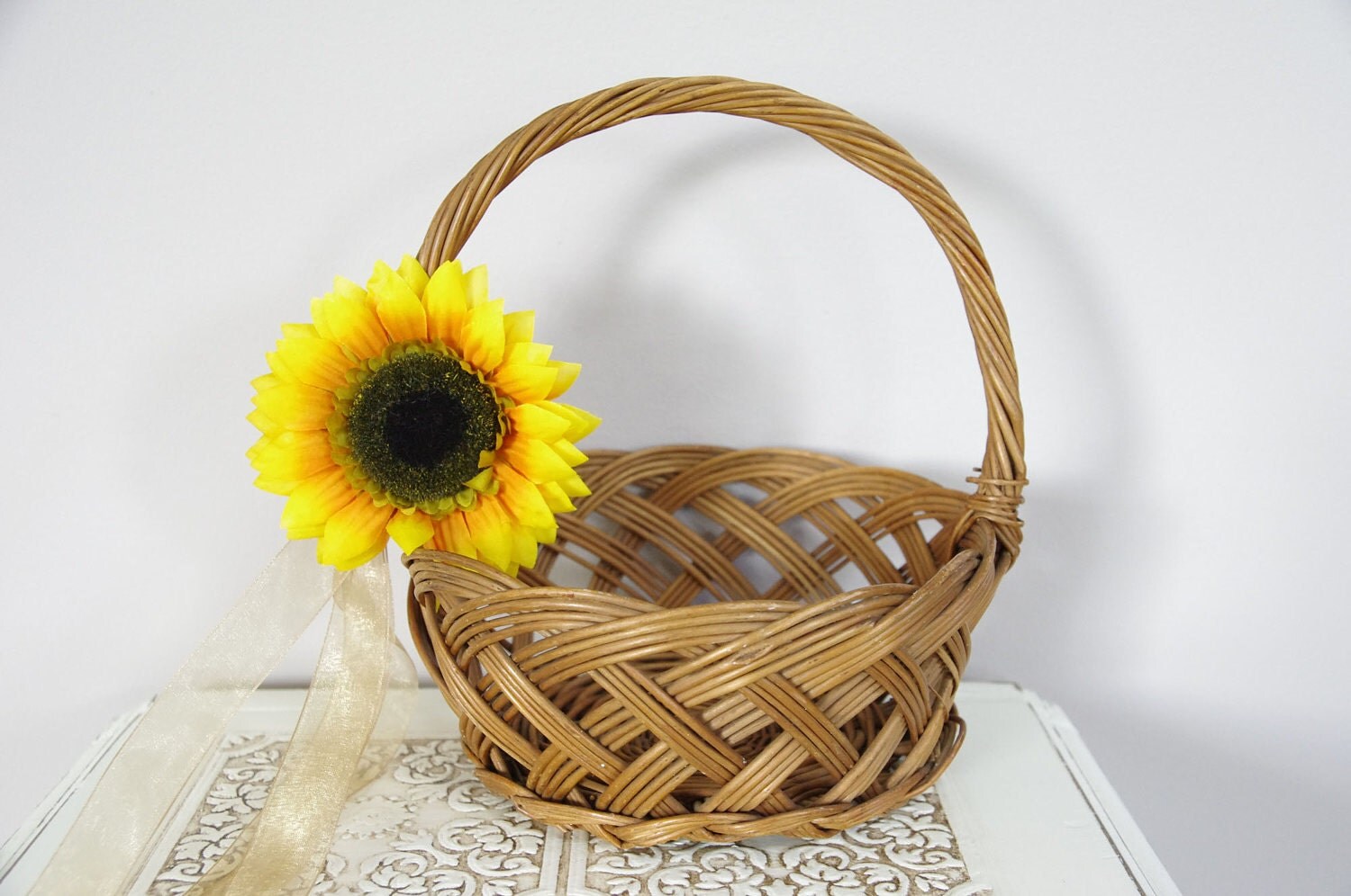 Flower Girl Basket with sunflower detail vintage wicker