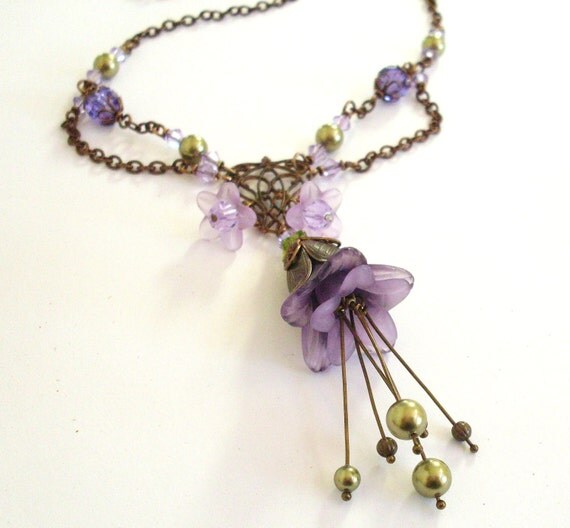 Lucite Flower Necklace Purple Antique Brass Mauve Layered
