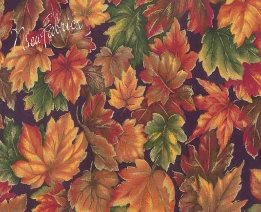 Autumn Fall Leaves Cotton Fabric & Metallic Highlights on