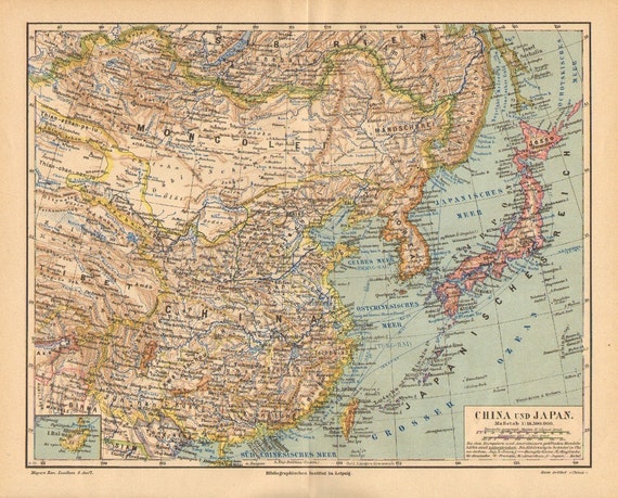 1886 Original Antique Dated Map of China and Japan in the 19th