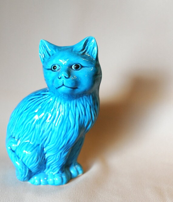 Vintage 1970s Blue Cat Figurine With Terrifying by yesteryearz