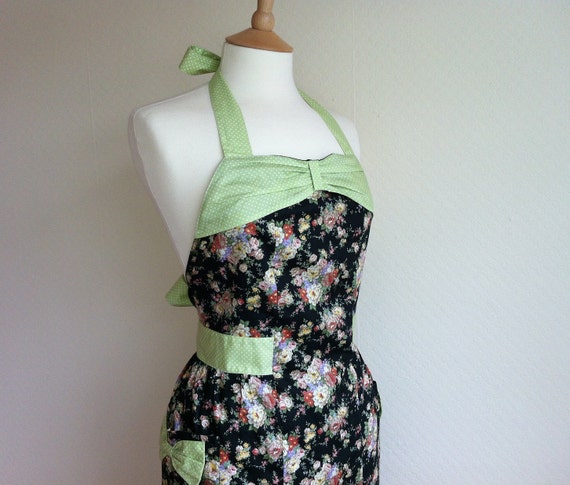 Retro apron with bow floral pattern on a black by RosieAnnShop