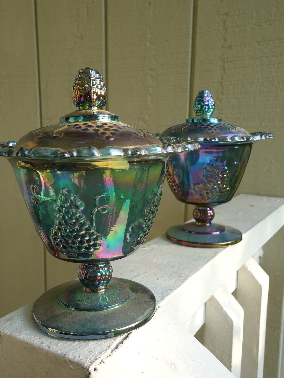 One Of Two Blue Carnival Glass Lidded Candy Dish By Foxyroxysattic