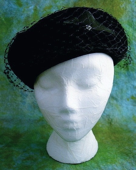 Netted Black Toque, Cocktail or Large Pillbox Hat with Rhinestone ...