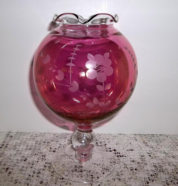 Vintage PINK ETCHED GLASS Stemed Compote Vase by VintagebyGrammy Vintage PINK ETCHED GLASS Stemed Compote Vase by VintagebyGrammy