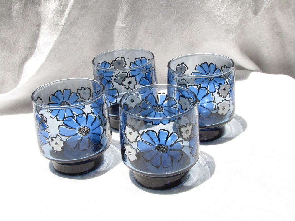 Libby 9 oz Rock Glasses – Blue White flowers – Original Box – Retro ...