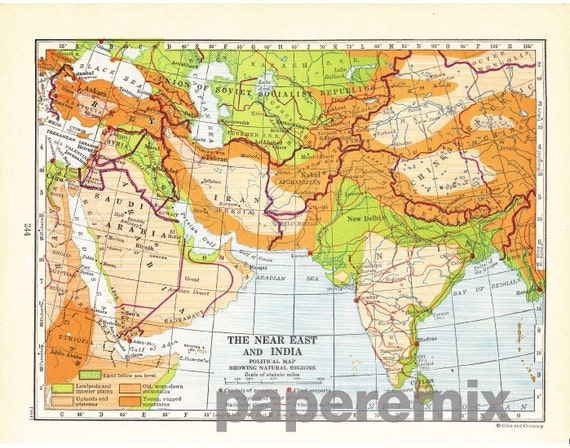 Vintage Middle East and India Map 1947 Political by paperemix