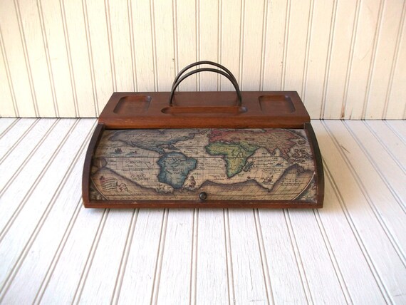 vintage old world map wooden desk organizer and letter holder