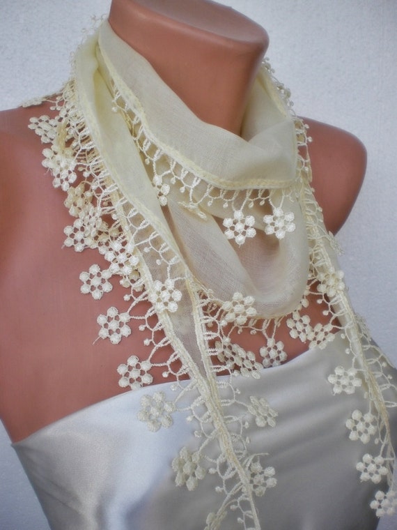 Cream Light yellow Scarf with flower lace by smilingpoet on Etsy
