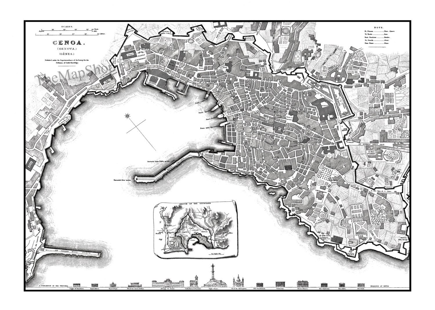 Vintage Map of Genoa Italy 11x14 Print Poster