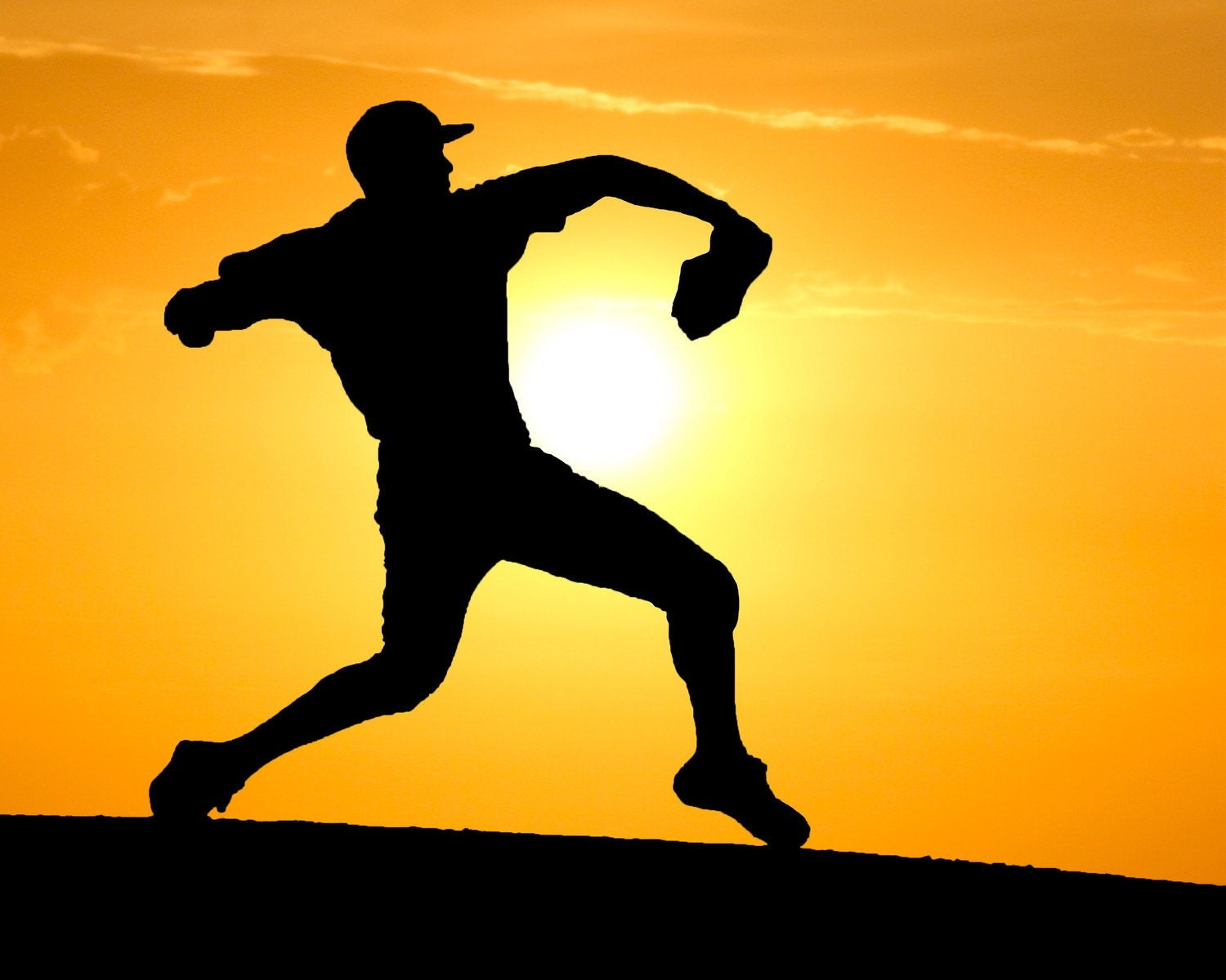 Silhouette of Pitcher at Sunset Baseball Photograph Sports