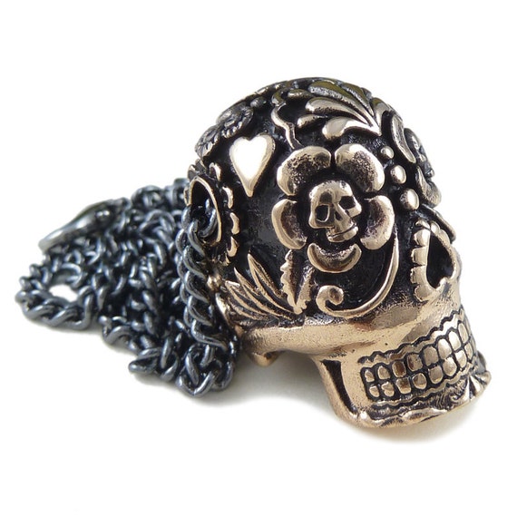 Sugar Skull Necklace Bronze Sugar Skull Pendant on 24