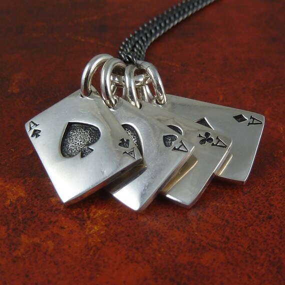 Playing Cards Necklace Antique Silver Aces Pendant on 24