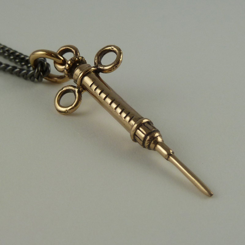Syringe Necklace Bronze Syringe Pendant on 24 Gunmetal