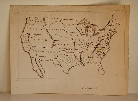 RESERVED For Amy P. Antique Map of USA hand drawn by by FISHRAVEN