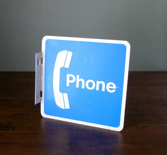 Vtg Dual Sided Metal Public Phone Sign. Painted Blue and White