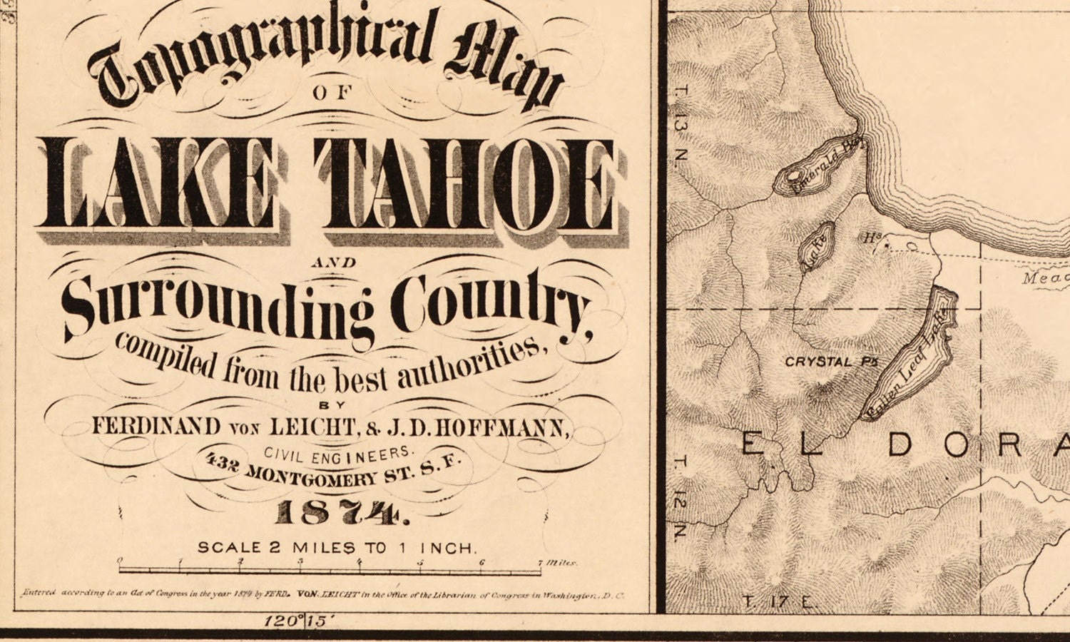 1874 Map of Lake Tahoe California Nevada Giclee Print