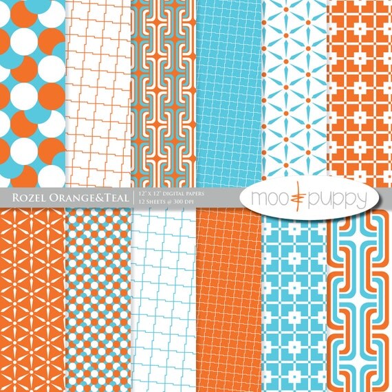 Items similar to Digital Scrapbook Paper - Rozel Teal&Orange -- INSTANT ...