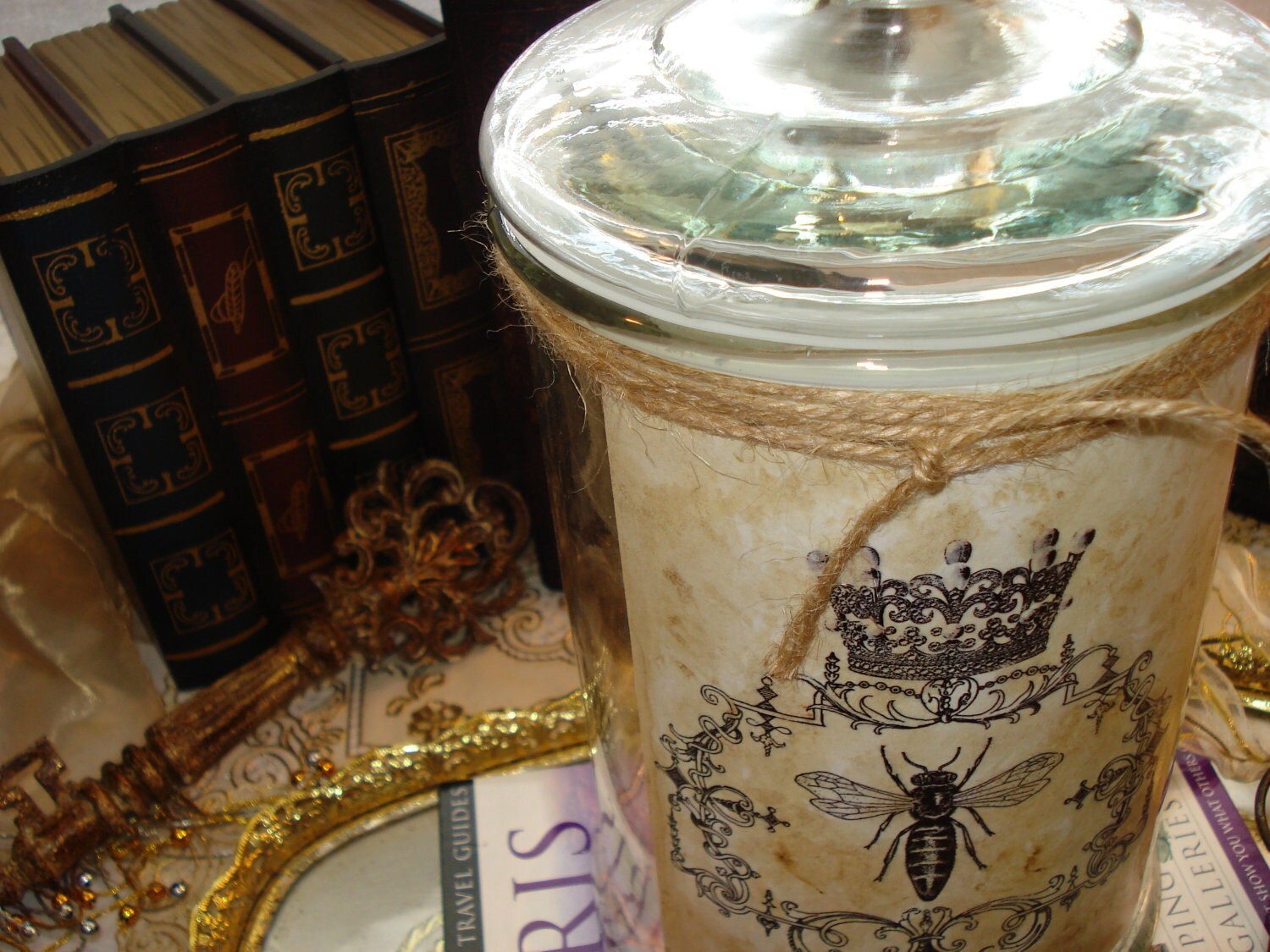 Queen Bee Label Glass Jar Vase Storage by ParisandPetals on Etsy