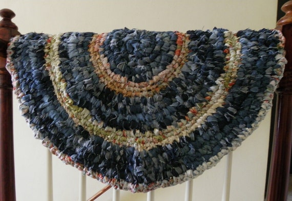 Items similar to Upcycled Denim & Shabby Chic Print Fabric Rag Rug -- 3 ...
