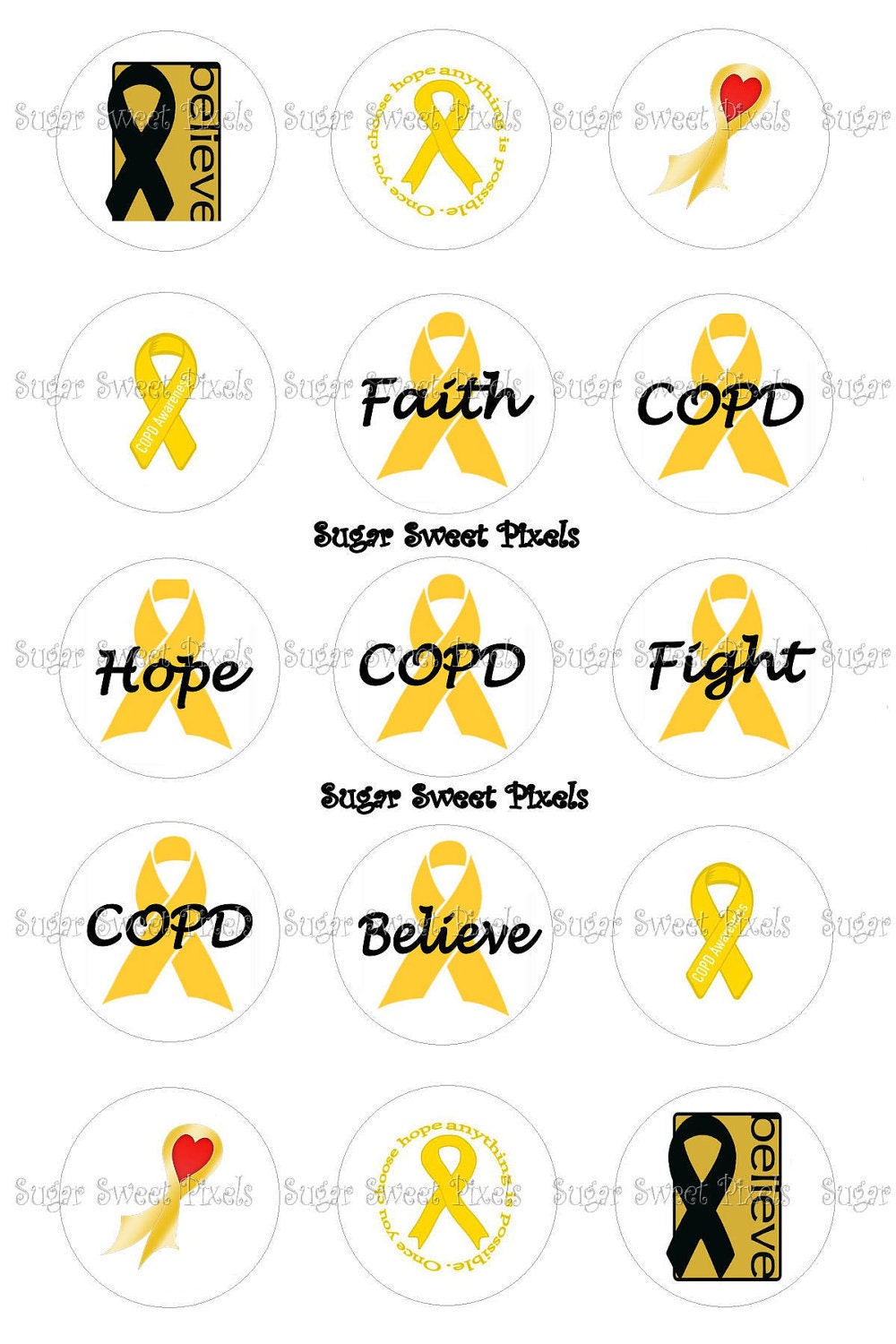 INSTANT DOWNLOAD COPD Gold RIbbon Awareness 1 inch Circle