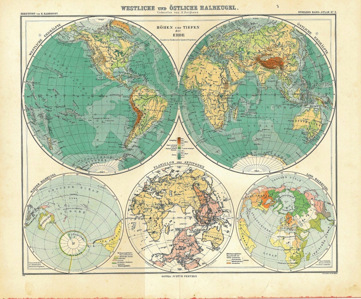 1911 Vintage World Map Eastern and Western Hemispheres