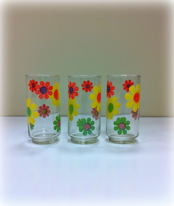 70s Flower Tumblers Retro Groovy Libbey Glasses