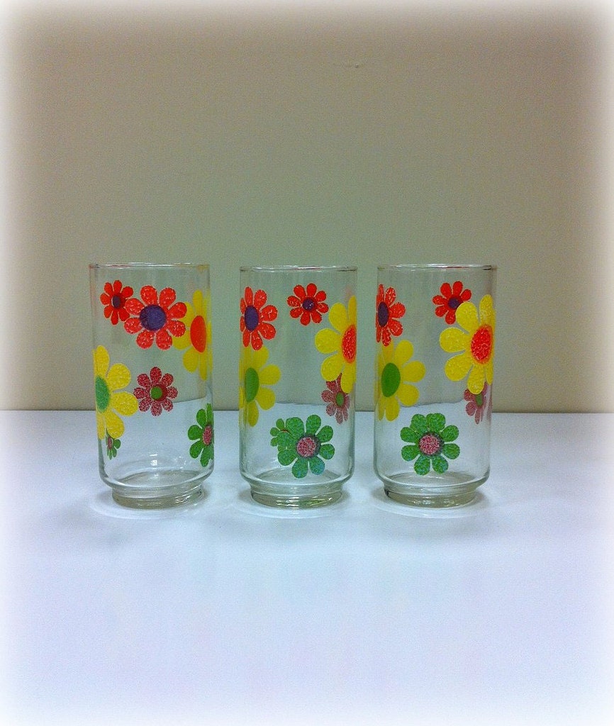 70s Flower Tumblers Retro Groovy Libbey Glasses