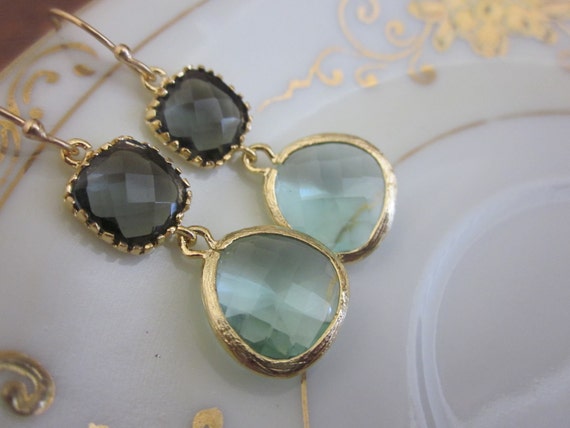 Gold Prasiolite Earrings Black Square Glass Earrings by laalee