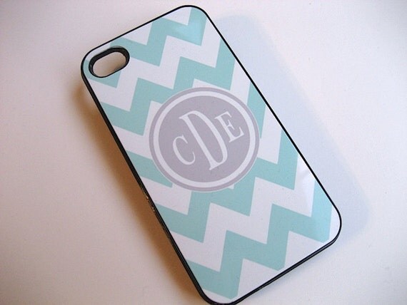 Items Similar To Iphone Case Blue And White Chevron Iphone 4 Case With Gray Monogram Iphone 4