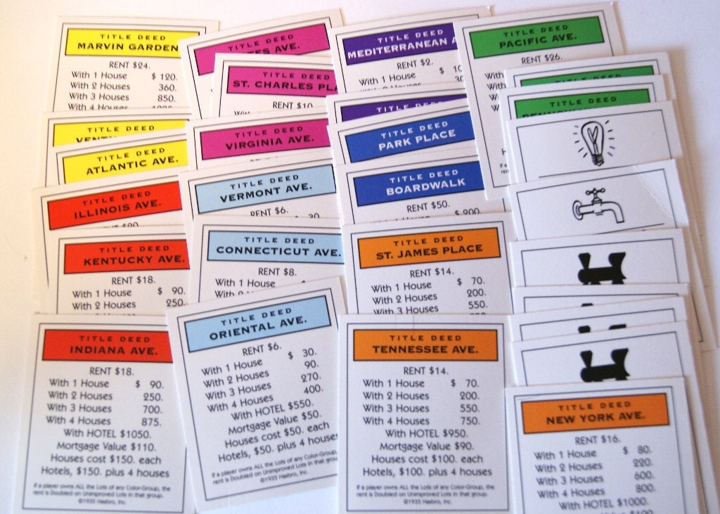 Lot Of 28 Vintage Monopoly Property Cards Or Land Title Cards