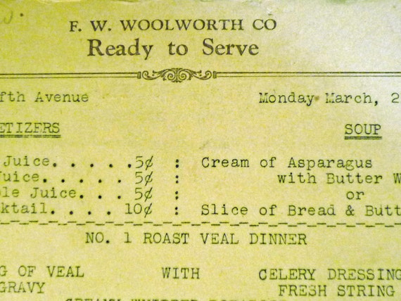 1938 F.W. WOOLWORTH Lunch Counter MENU. 5 Days of menus.